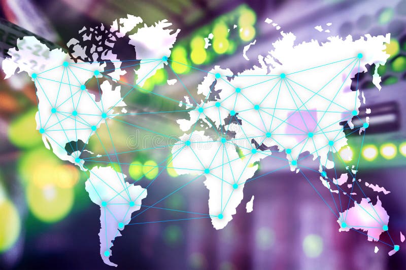 Internet and Telecommunication Concept with World Map on Server Room ...