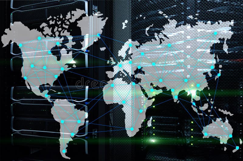 Internet And Telecommunication Concept With World Map On Server Room ...