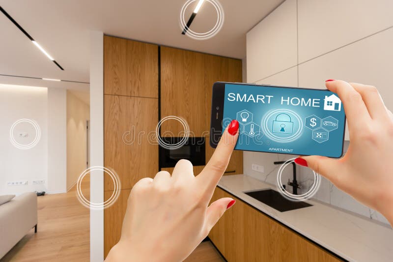 Internet of Things. Focus on Modern Smartphone with Blank Mockup Screen ...