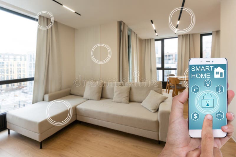 Internet of Things. Focus on Modern Smartphone with Blank Mockup Screen ...