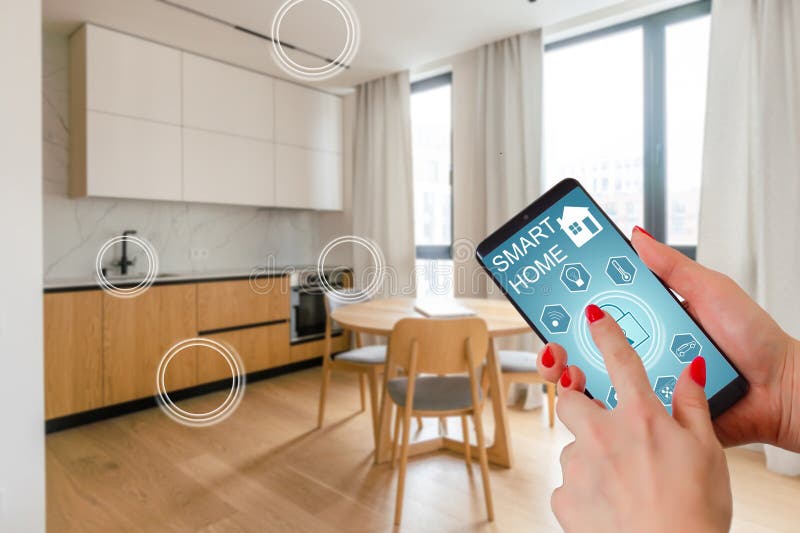 Internet of Things. Focus on Modern Smartphone with Blank Mockup Screen ...