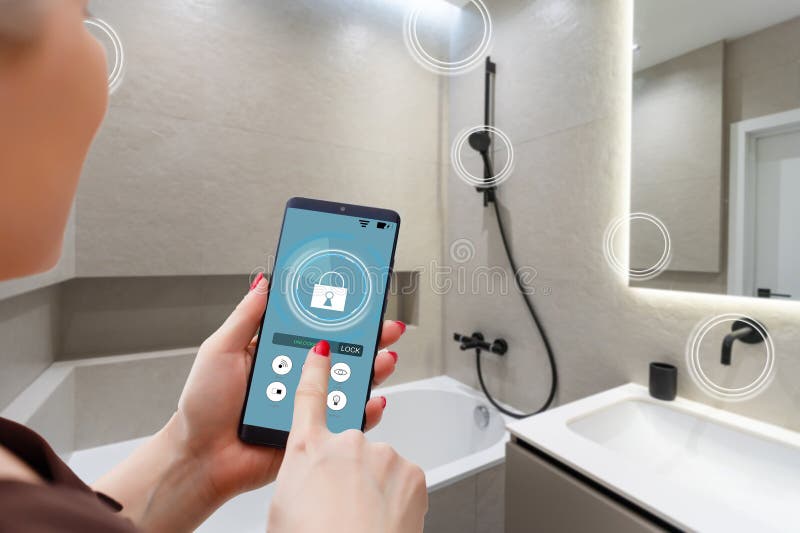 Internet of Things. Focus on Modern Smartphone with Blank Mockup Screen ...