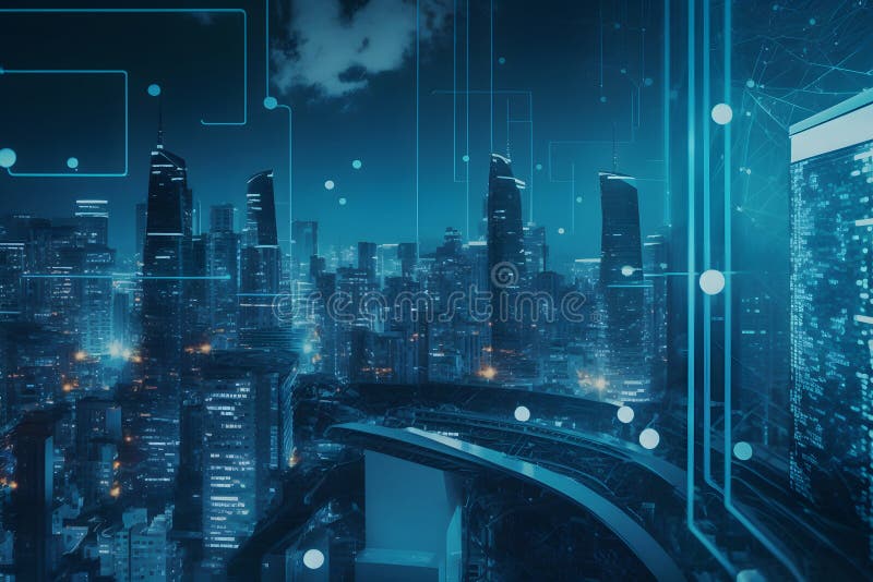 Internet of Things, Networks and Augmented Reality Concept, Night Scene ...