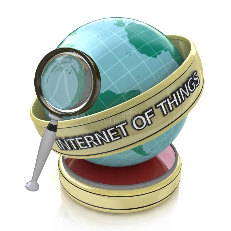Internet of Things Search through Magnifying Glass on the Globe Stock ...