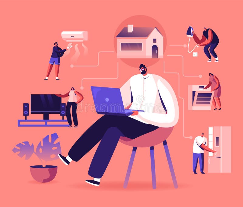 Internet of Things, Smart Home App Network Connection. Man Sitting on ...