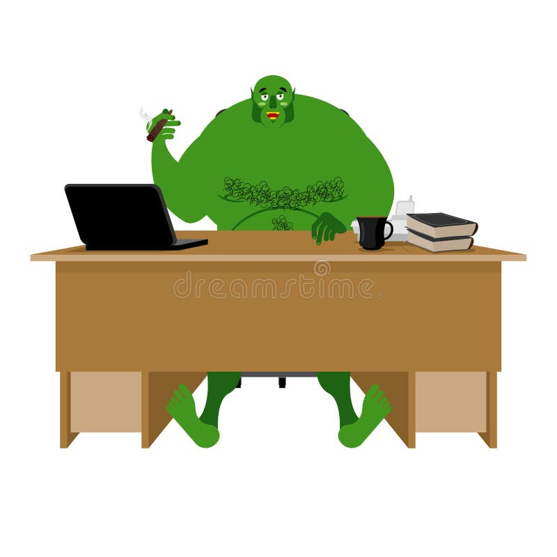 Internet Troll. Big Green Goblin Sits at Laptop Stock Vector ...