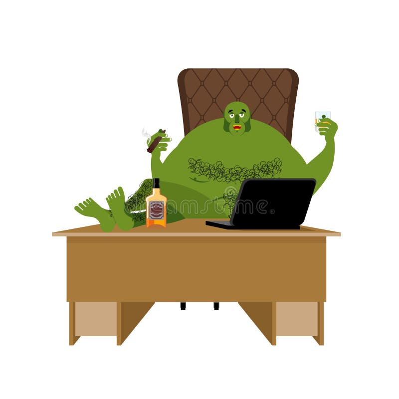 Internet Troll. Big Green Goblin Sits at Laptop Stock Vector ...