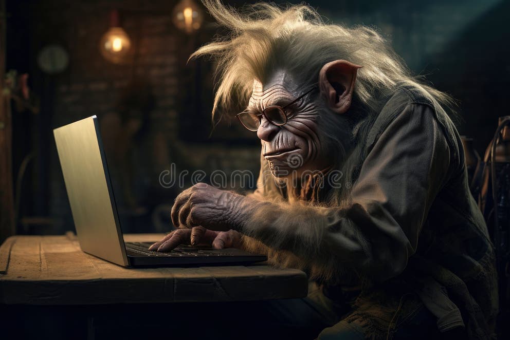 Internet Troll Sitting at the Table and Typing on Laptop Bad Comments ...