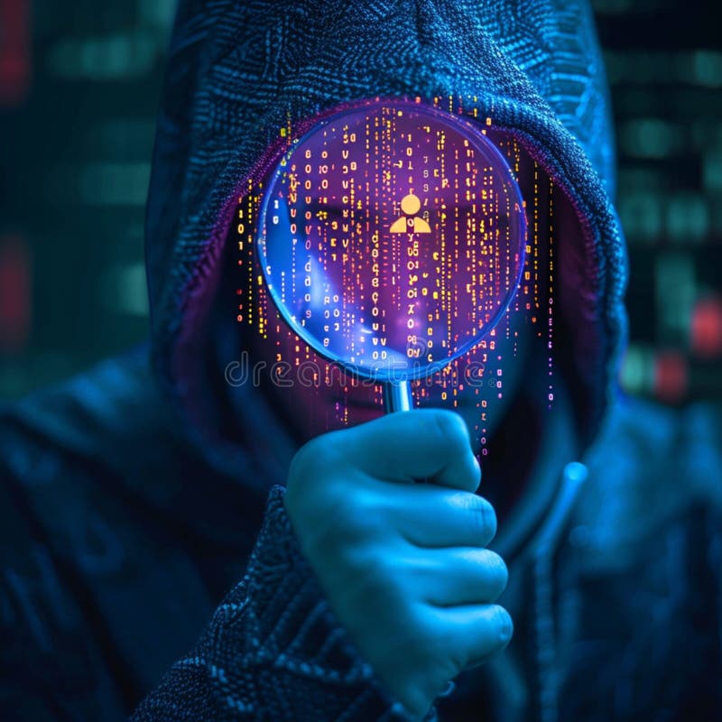 Internet Vulnerability Hacker Holding Magnifying Glass, Symbolizing ...