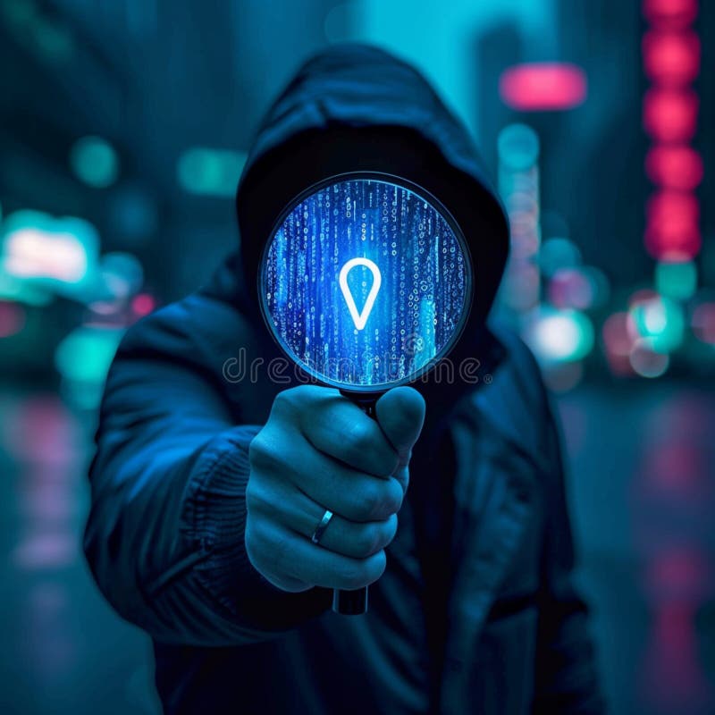Internet Vulnerability Hacker Holding Magnifying Glass, Symbolizing ...