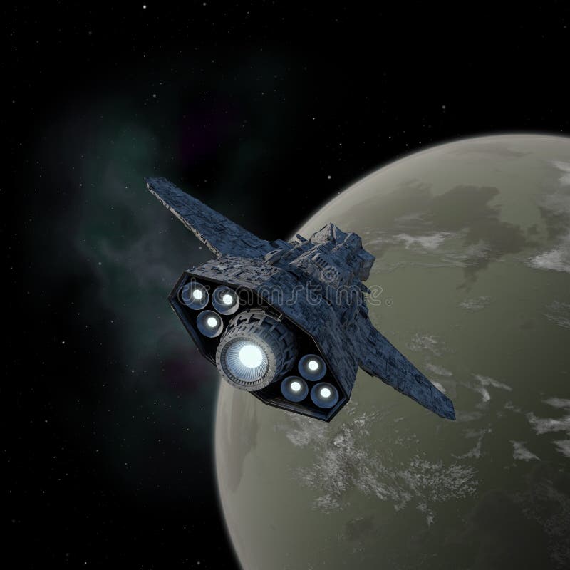 Interplanetary Gunship Approaching a Green Planet Stock Illustration ...