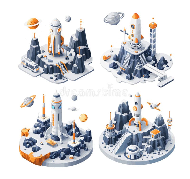 Interplanetary Rocket Launch Isometric Vector Set. Space Base Carrier ...