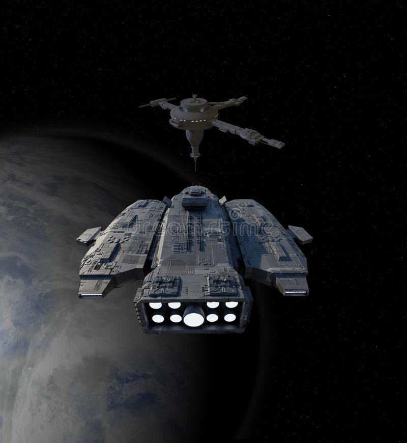 Interplanetary Space Freighter Approaching a Space Station Stock ...