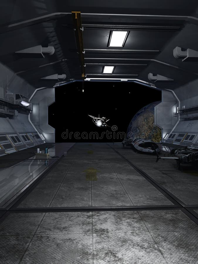 Interplanetary Spaceship Leaving the Docking Bay Stock Illustration - Illustration of fantasy ...