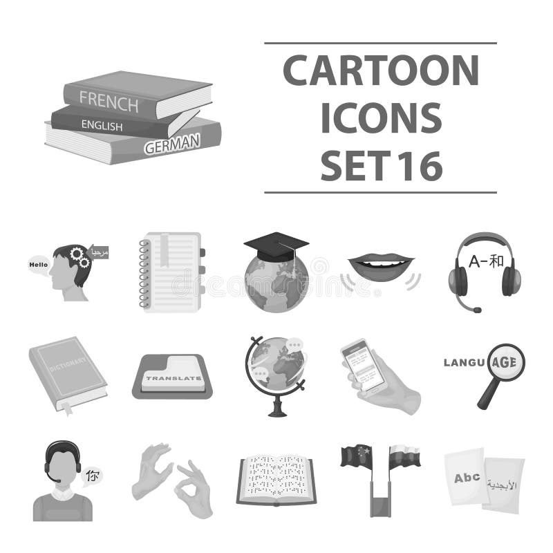 Interpreter and Translator Set Icons in Monochrome Style. Big ...