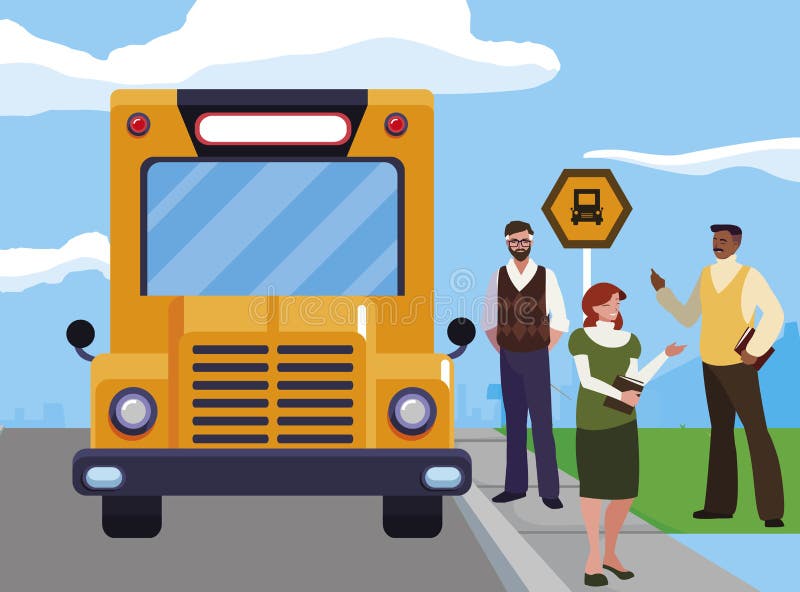 Interracial Teachers Group in Bus Stop Stock Illustration ...