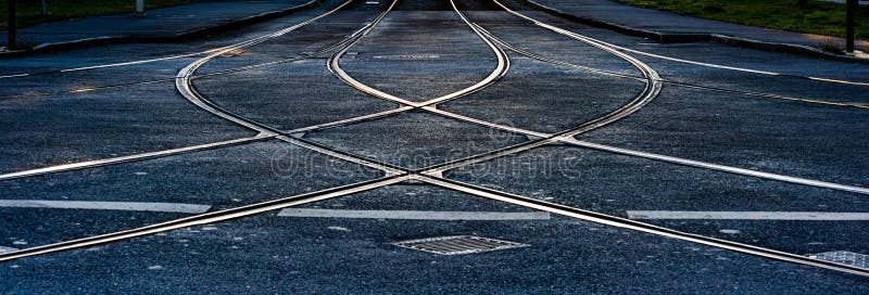 Intersecting Tram Tracks in Urban Setting.. Stock Photo - Image of city ...
