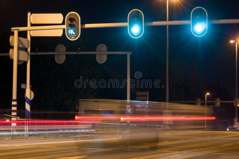 Intersection at Night Blurred by Motion Stock Image - Image of road ...