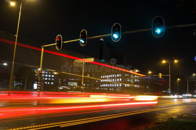 Intersection at Night with Traffic Blurred by Motion Stock Image ...