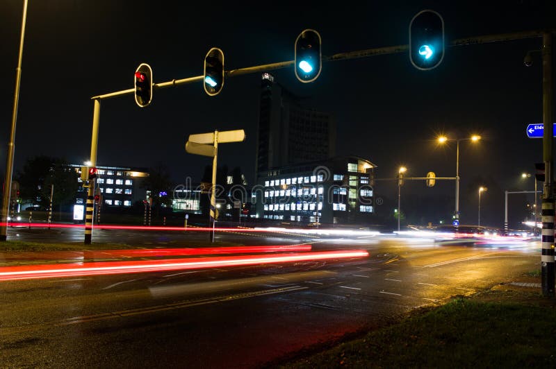 Intersection at Night with Traffic Blurred by Motion Stock Image ...