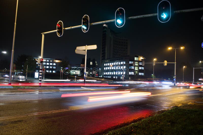 Intersection at Night with Traffic Blurred by Motion Stock Image ...