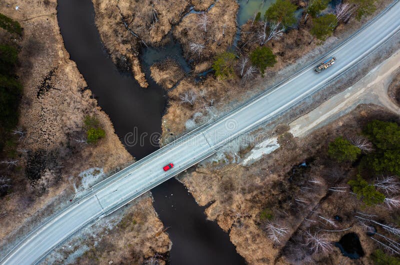 Intersection of the Road and River, the Car Passes Over the Bridge ...