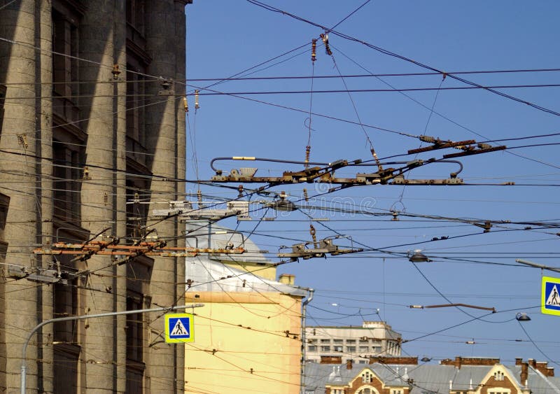 Tram and trolleybus wires stock photo. Image of guide - 8802736