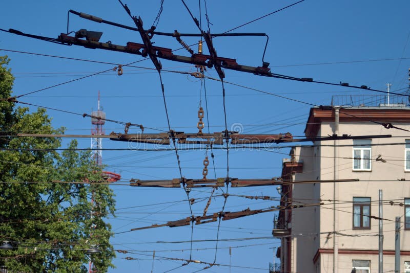 The Intersection of Several Tram and Trolleybus Wires. Crossroad Stock ...