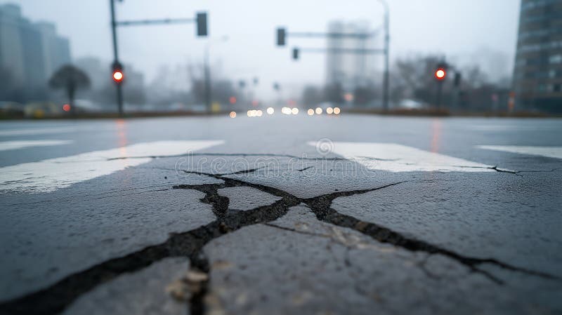 Intersection Showing Infrastructure Damage with Cracked Asphalt Road ...
