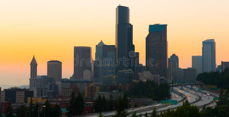 Interstate 5 and Downtown at Sunset in Seattle Editorial Image - Image ...