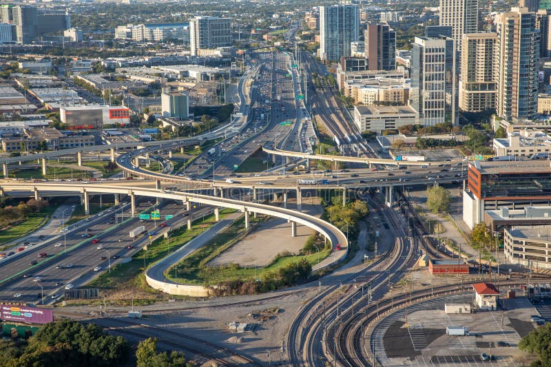 Interstate with Flyover and Bridges with Skyline in Dallas, Texas, USA ...