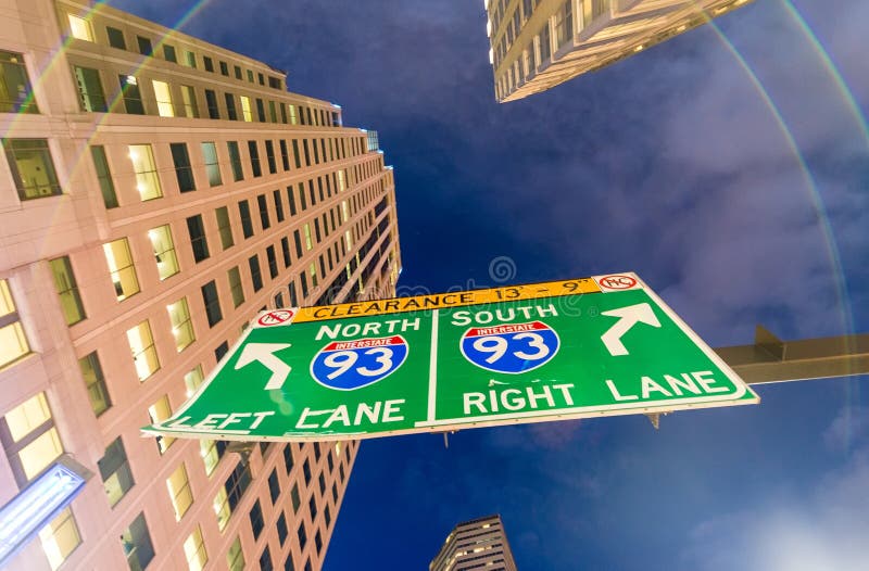 Interstate Road Sign at Night in Downtown Stock Image - Image of ...