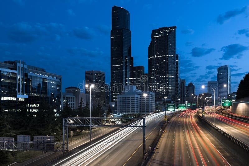 Interstate 5 and Seattle Downtown City Skyline at Dawn Stock Photo ...