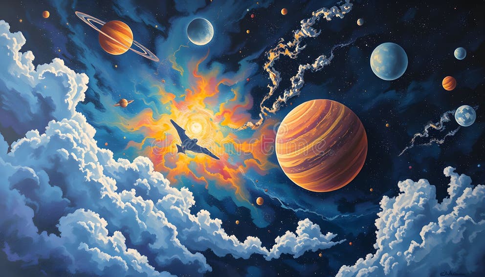 Interstellar Flight through a Nebula of Planets and Clouds Stock ...