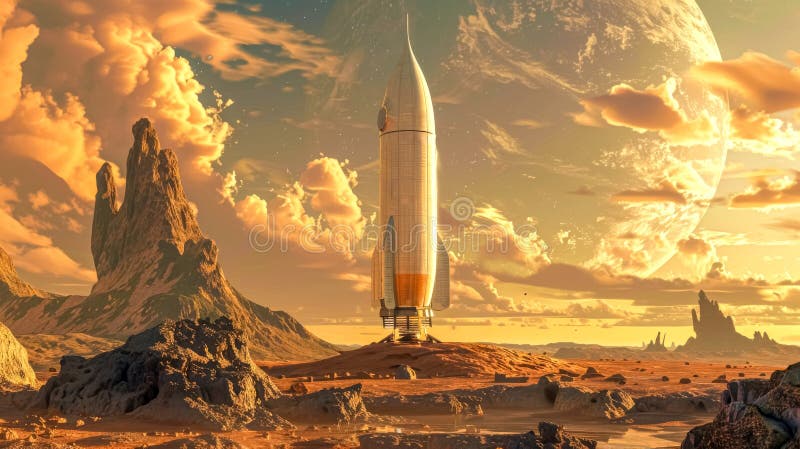 Interstellar Journey: Spaceship on Alien Planet Stock Photo - Image of ...
