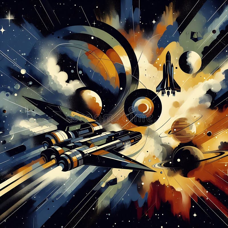 Interstellar Odyssey Two Spaceships among Nebulae and Planets Stock ...