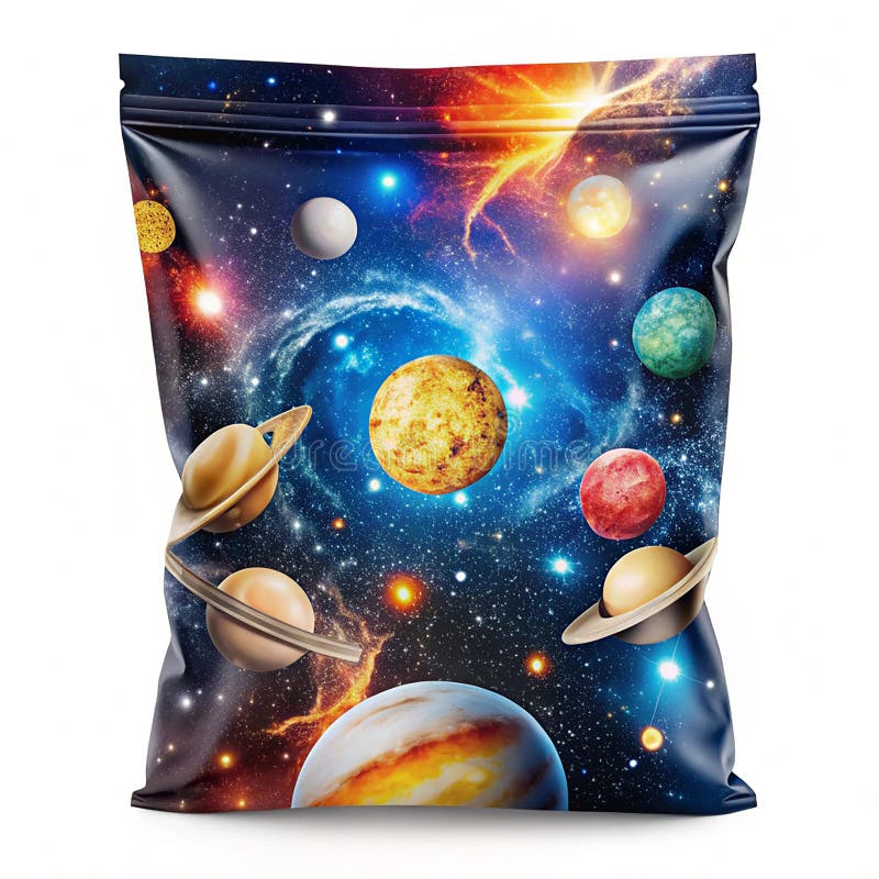 Space Themed Freeze Dried Snack Pouch with Cosmic Elements Stock ...