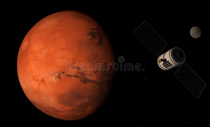 Interstellar Spaceship Flying To Planet Mars in Outer Space. 3D ...