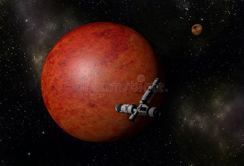 Interstellar Spaceship Flying To Unknown Red Planet. Stock Illustration ...