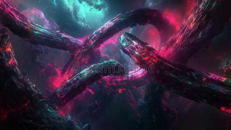Intertwined Cosmic Structures Glowing with Pink and Green Energy Stock ...