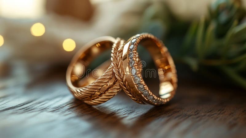 Intertwined Gold Wedding Rings with Diamonds on Wood Stock Illustration ...