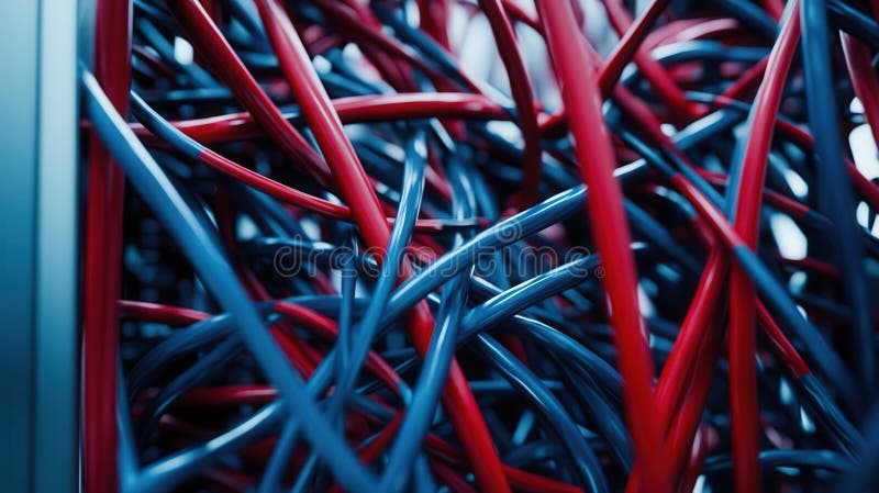 Intertwined a Maze of Red and Blue Cables in an Abstract Network ...