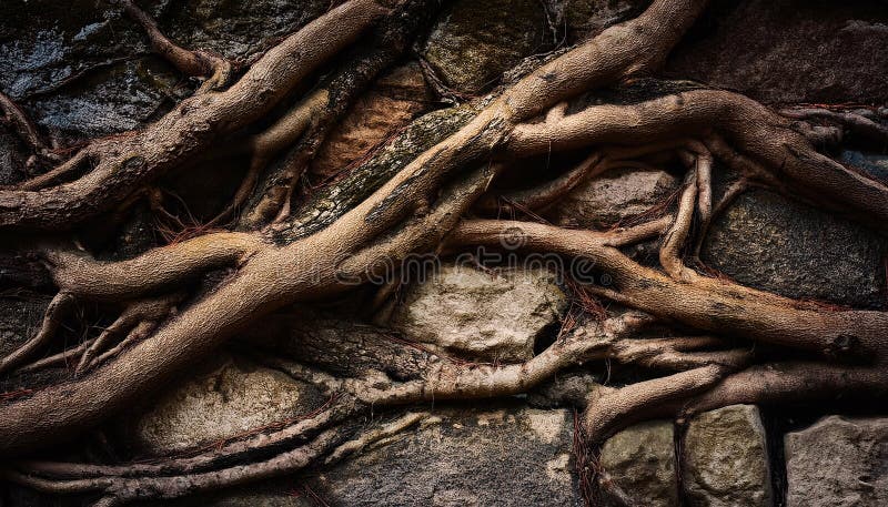 Intertwined Nature Tree Roots Embedded in a Wall Stock Illustration ...