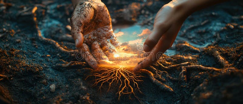 Intertwined Roots and Hands Create Reflective Sky, Expressing Unity and ...