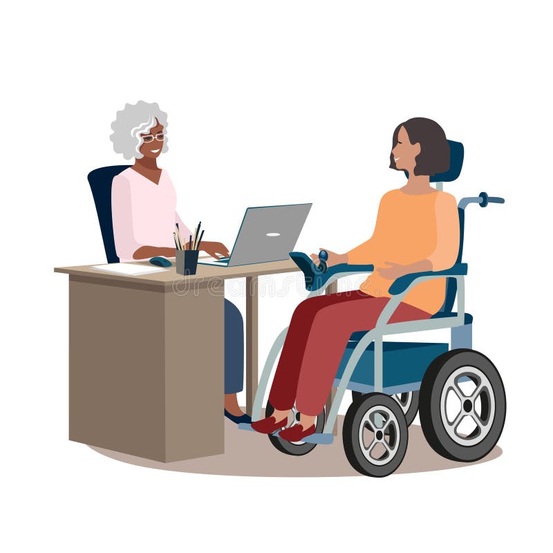 Happy Young Woman in a Motorized Wheelchair Talking To a Friendly HR ...