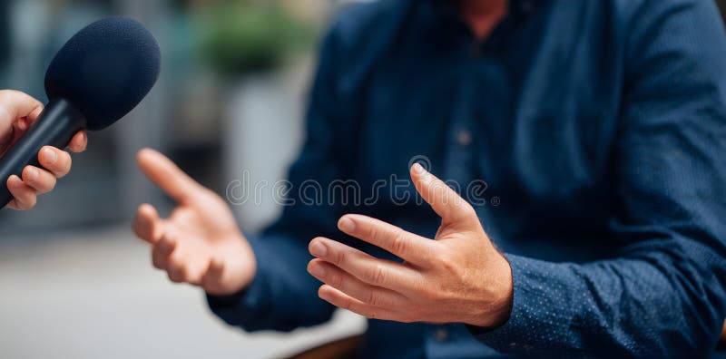 Interview Close Up Journalist Holding Microphone Interviewee Gesturing ...
