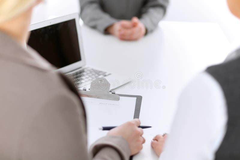 Interview. Close-up of Three Businesswoman Around the Table during Job ...