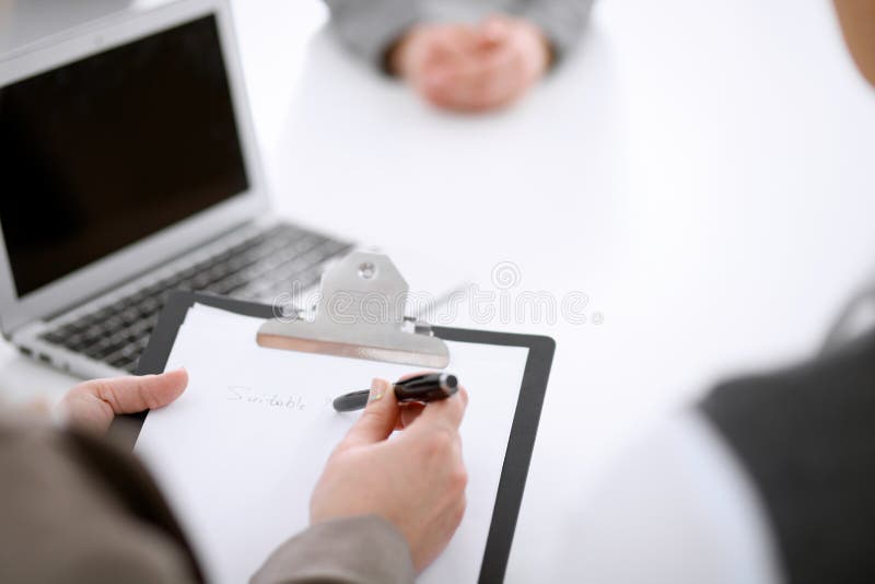 Interview. Close-up of Three Businesswoman Around the Table during Job ...