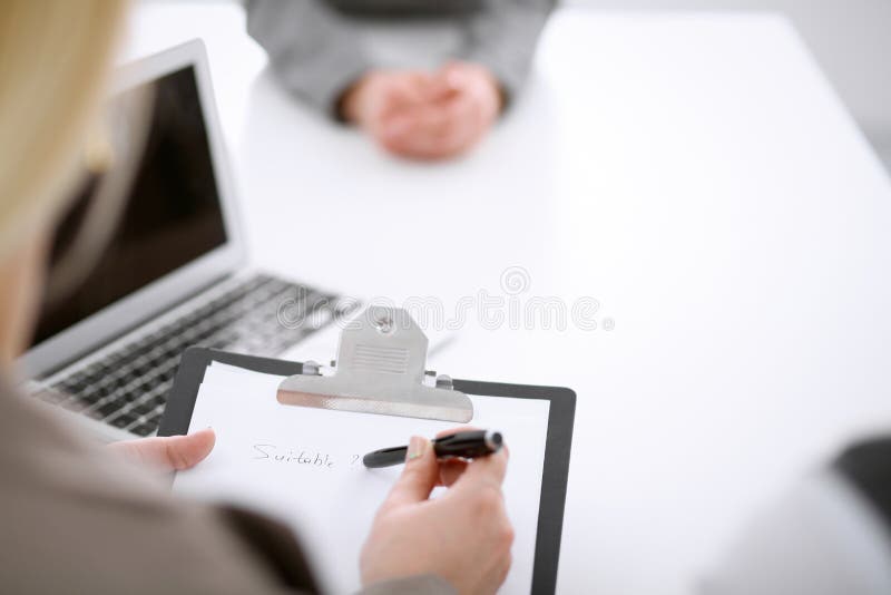 Interview. Close-up of Three Businesswoman Around the Table during Job ...