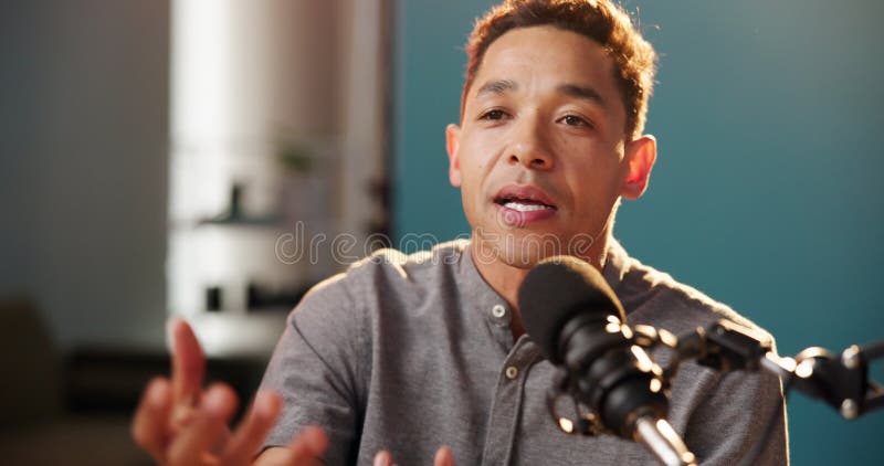 Interview, Microphone and Streaming with Content Creator Man in Studio ...